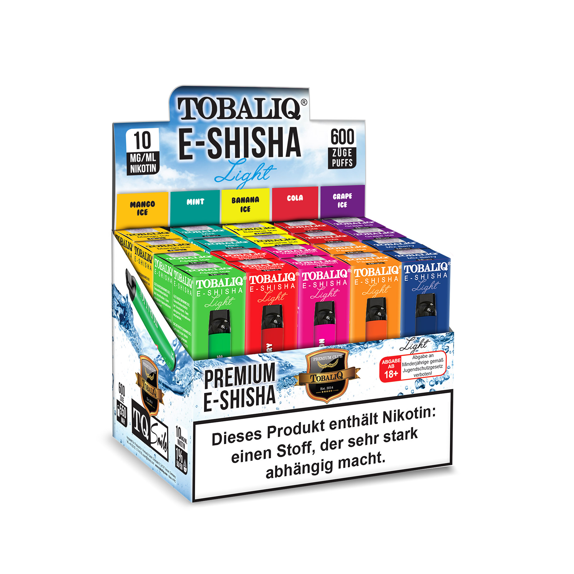 TobaliQ E-Shisha 600Puffs – 10mg Nikotin – 20er Mix Display - Premium24 ...